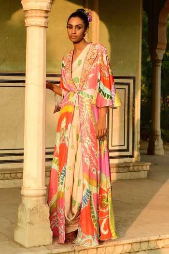Buy Multi Color Silk Embroidery Gota Patti Flap Surajmukhi Long Cape ...