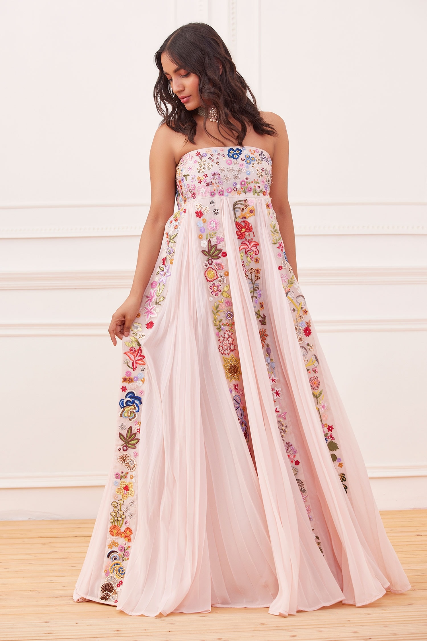 Buy Pink Shell- Silk Embroidered Floral Straight Heimat Hand Gown For ...