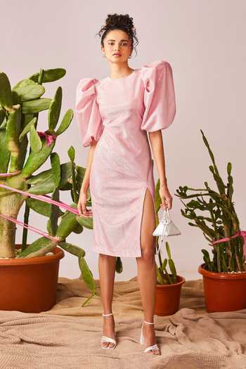 Buy Pink Shimmer Silk Checkered Pattern Julianna Balloon Sleeve Dress ...