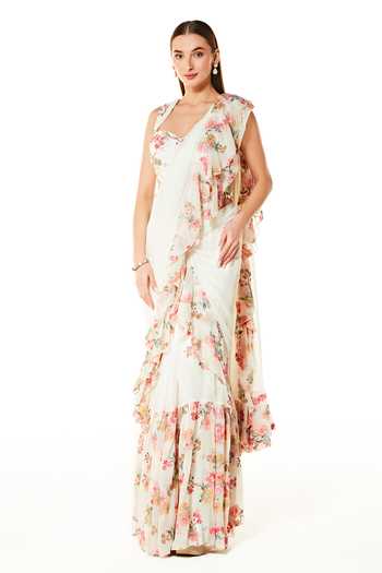 Buy Ivory Georgette Embroidery Sairaa Ruffle Pre-draped Saree With ...