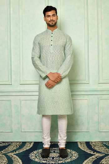 Buy Green Cotton Solid Mandarin Collar Kurta Set For Men by Nazaakat by ...