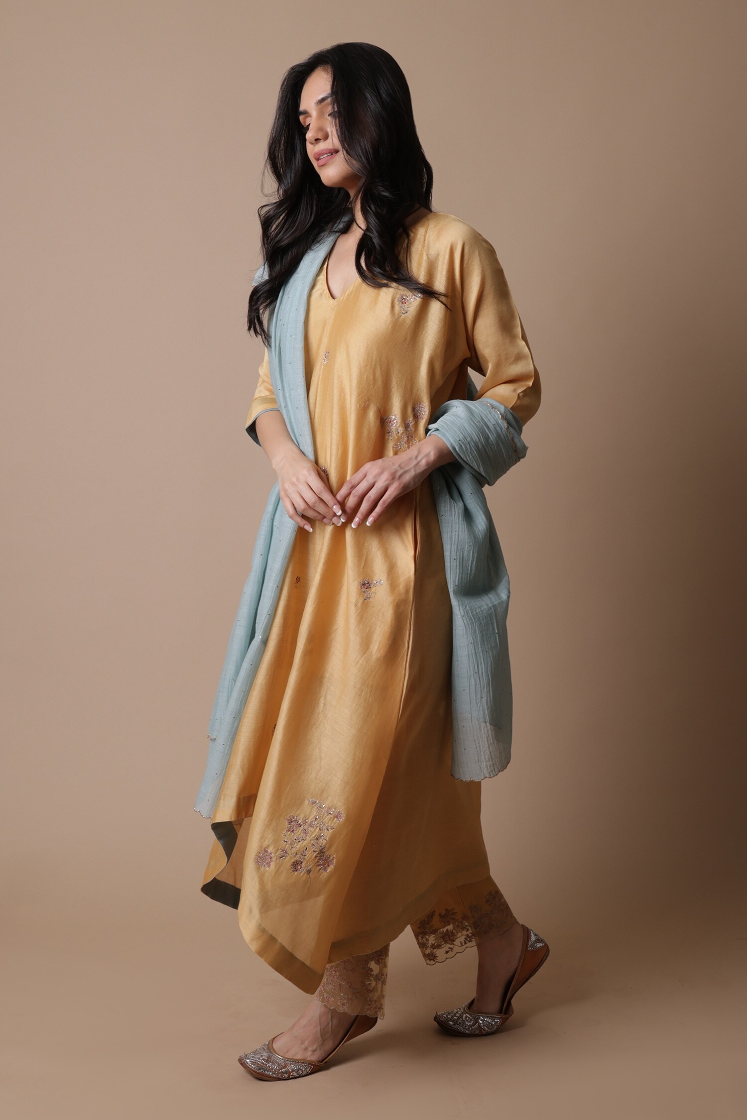 Buy Yellow Kurta Chanderi Silk Embroidery Mukaish V Neeti Pant Set For ...