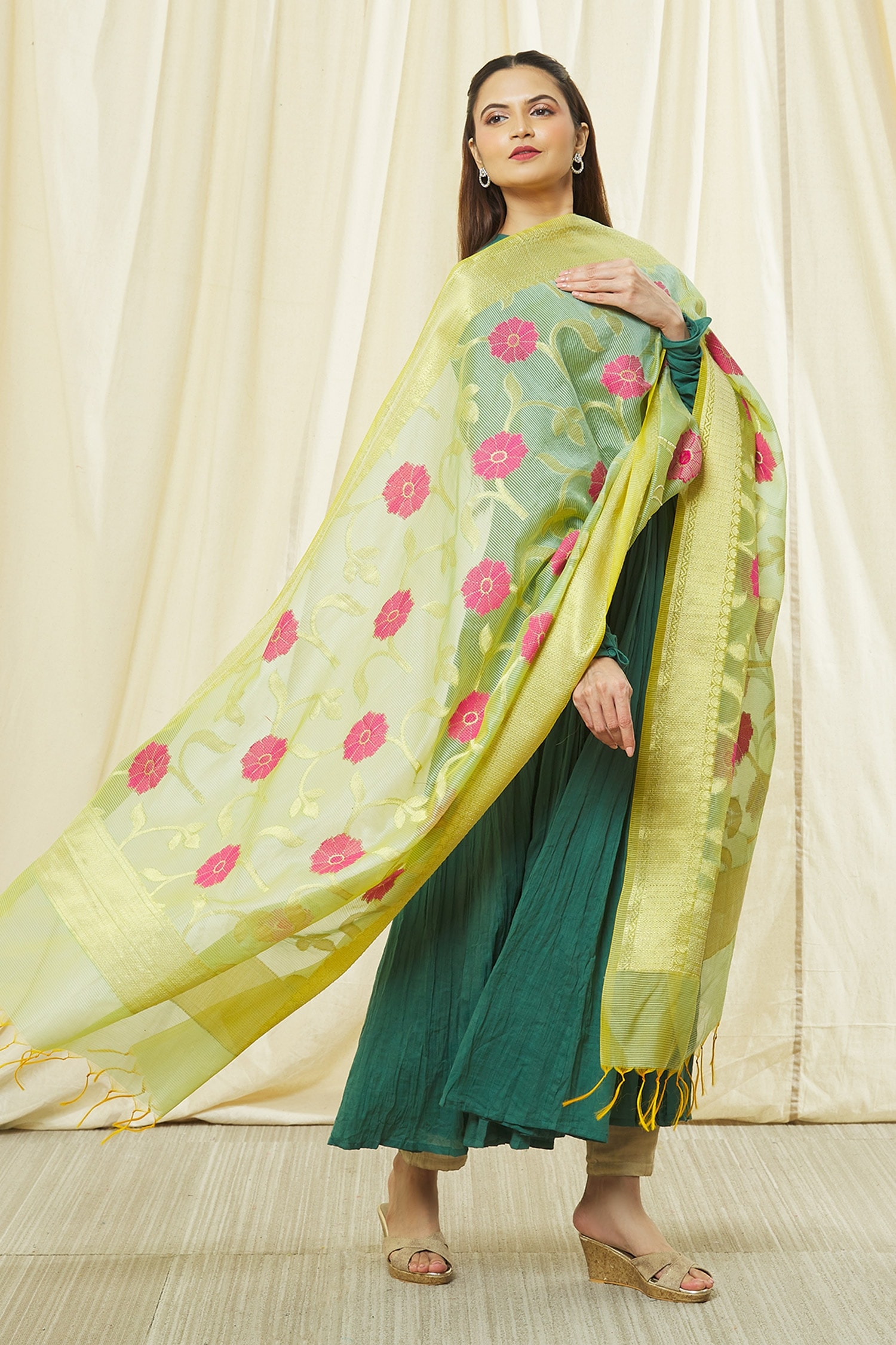 Buy Khwaab by Sanjana Lakhani Green Cotton Silk Fringe Hem Floral ...
