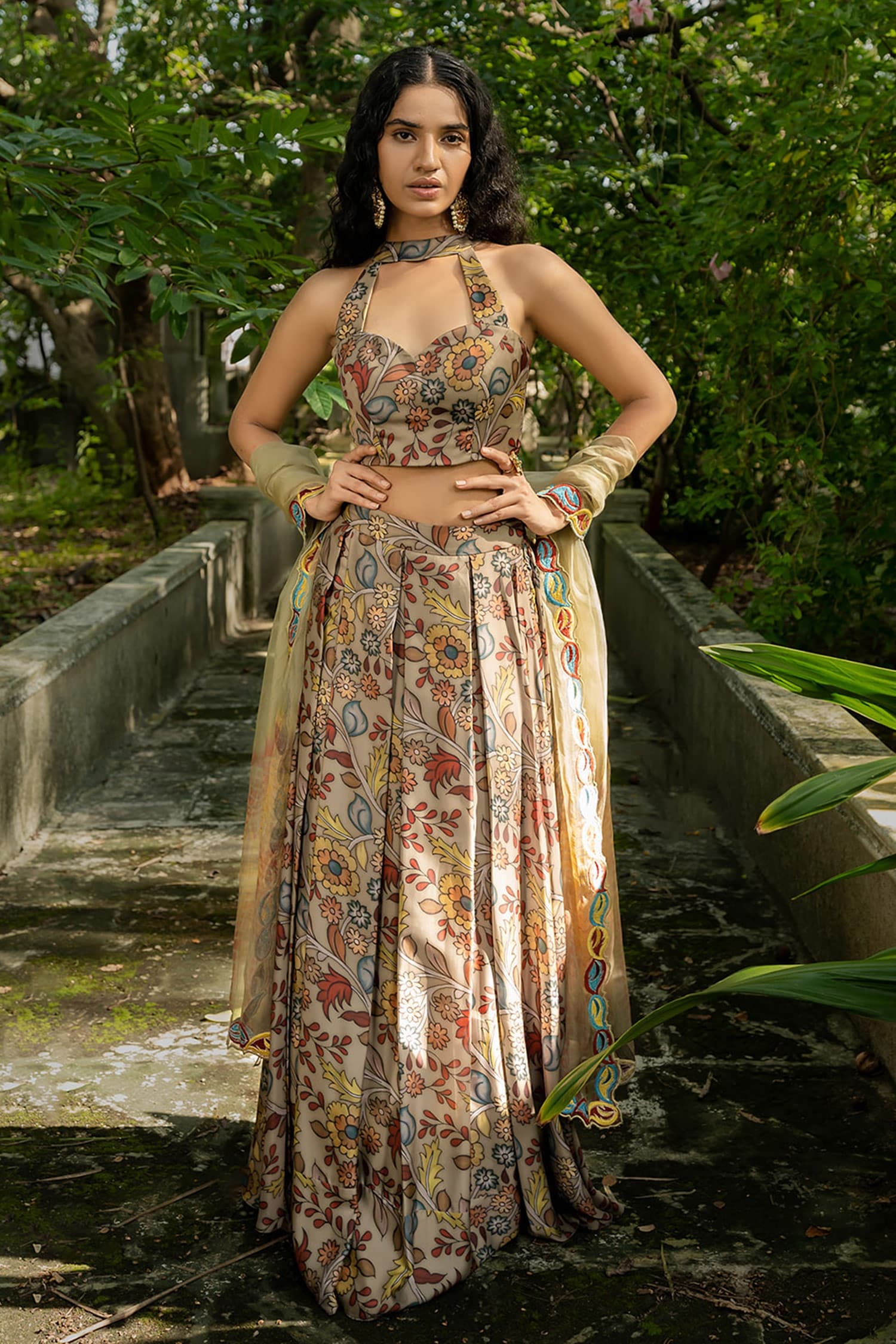 Buy Green Modal Satin And Organza Print & Embroidery Kalamkari ...