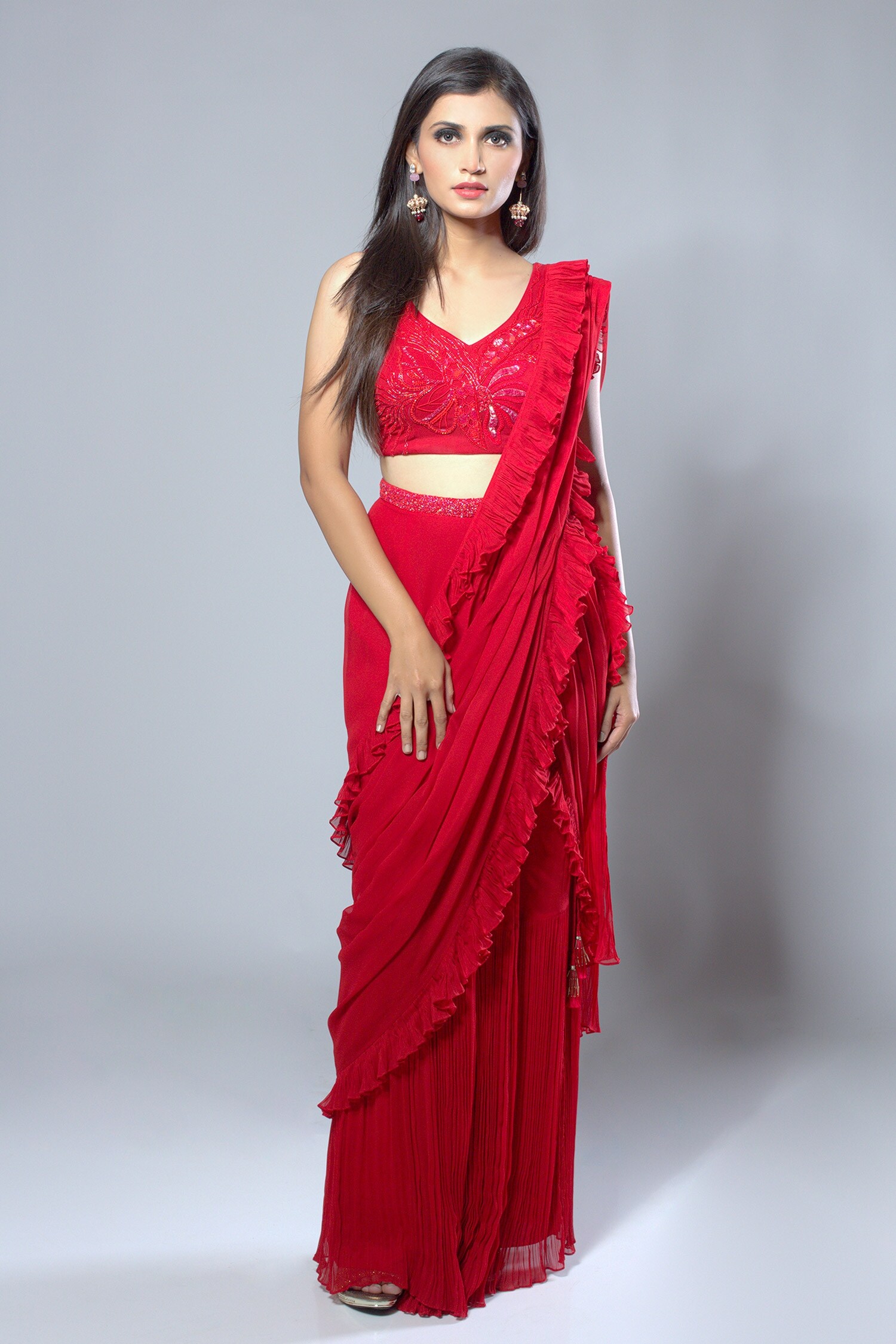 Buy Julie by Julie Shah Red Georgette Pre-draped Ruffle Saree With ...