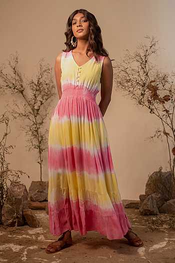 Buy Pink Rayon Staple Tie Dye V Neck Dress For Women by Label Reyya ...
