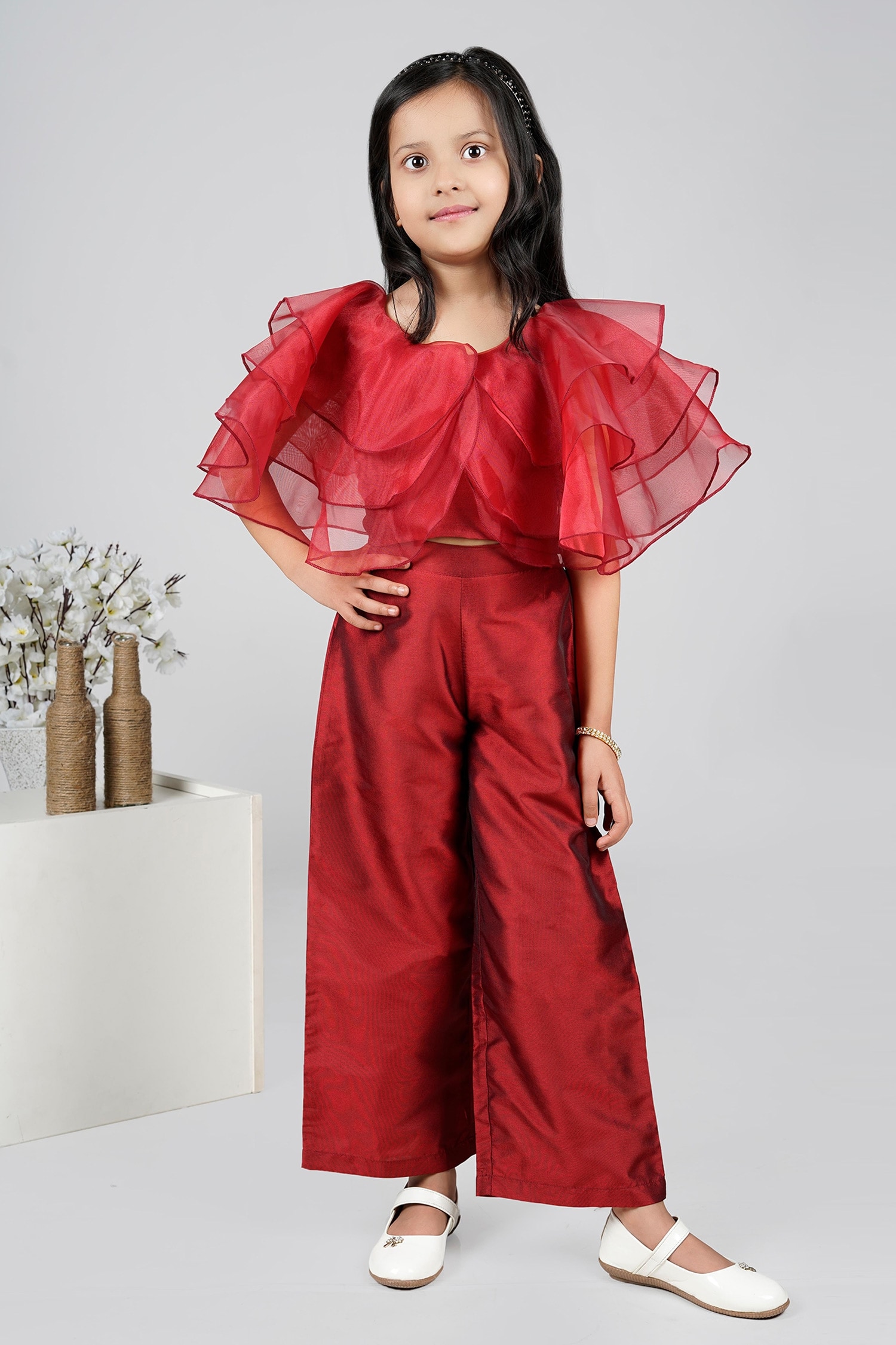 Buy Maroon Taffeta Flared Top And Culottes Set For Girls by Jelly Jones ...