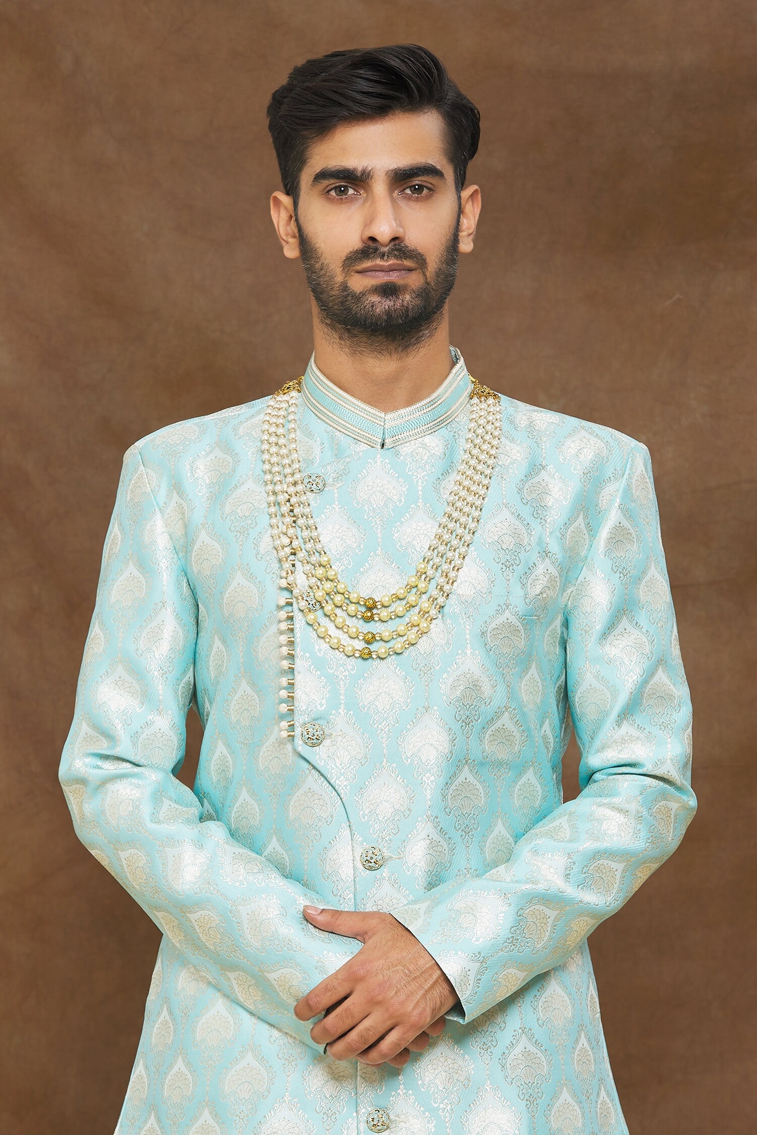 Buy Gold Monotone Multi Layered Pearl Mala For Men by Arihant Rai Sinha ...