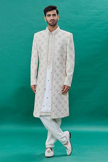 Buy Off White Raw And Dupion Embroidery Thread & Jacket Sherwani Set ...