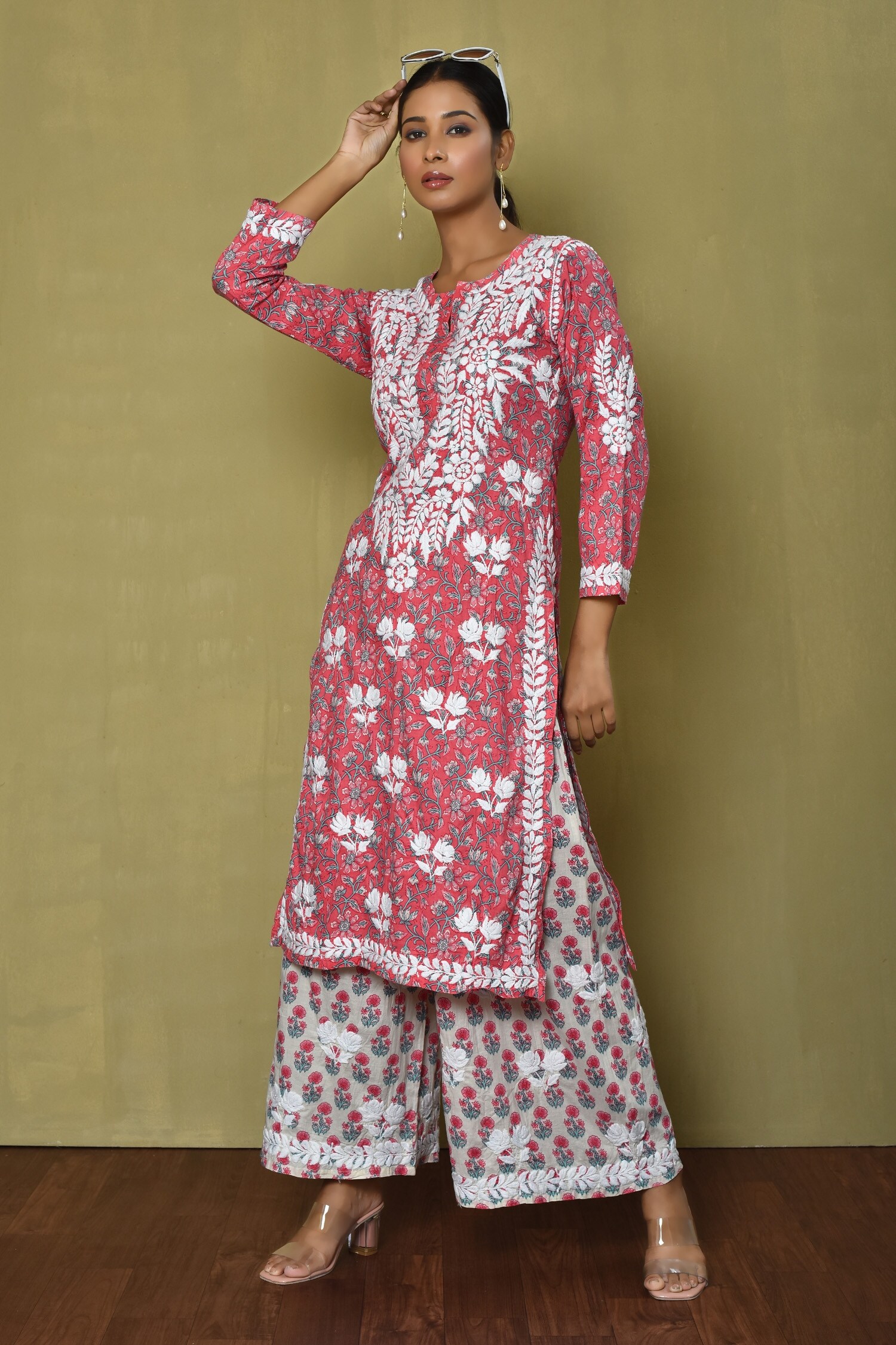 Buy Naintara Bajaj Pink Handblock Floral Print Kurta With Palazzo ...