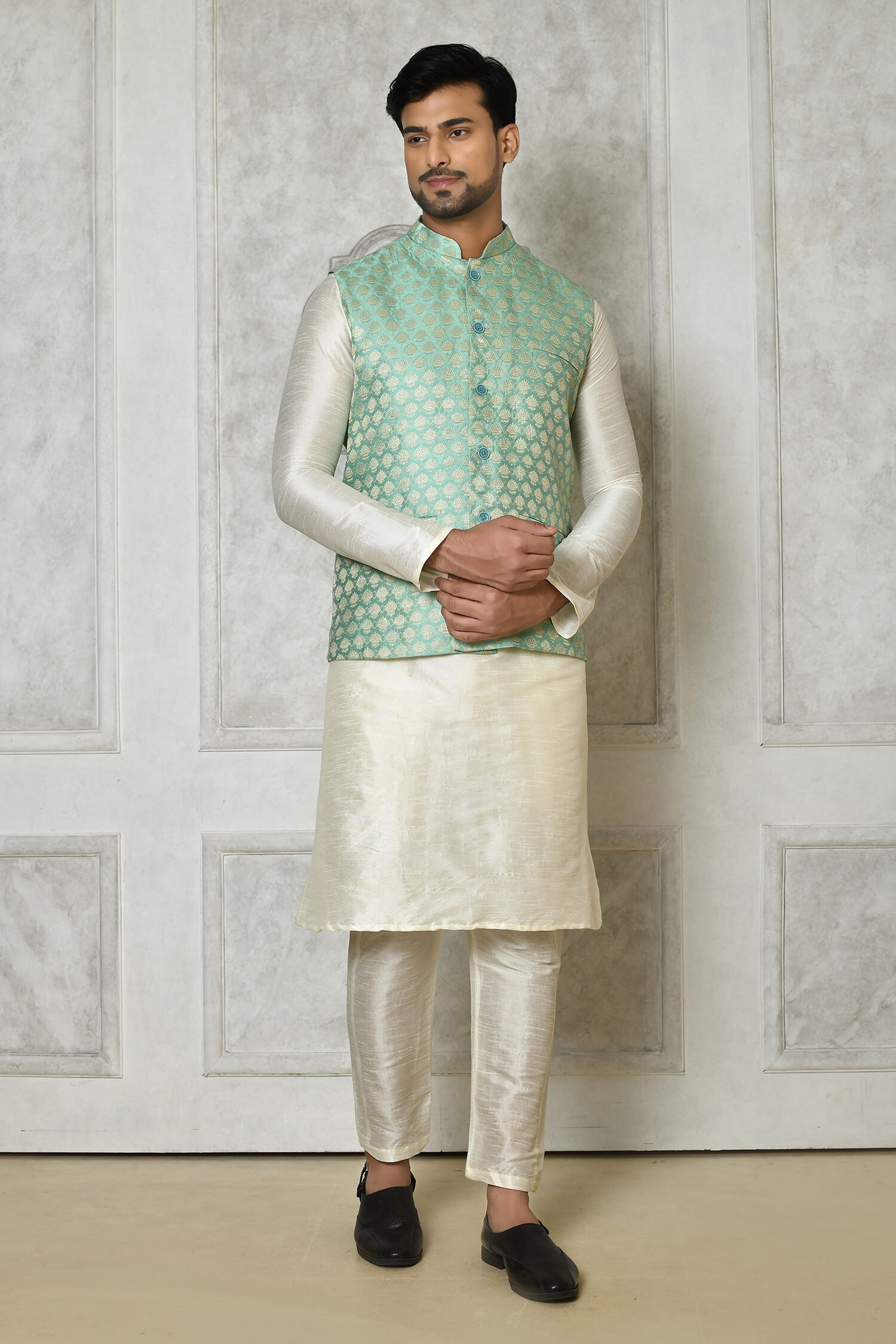 Buy Green Jacquard Silk Woven Floral Motifs Collared Bundi For Men by ...