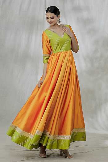 Buy Yellow Taffeta Silk Gota Patti V Colour Block Fit And Flare ...