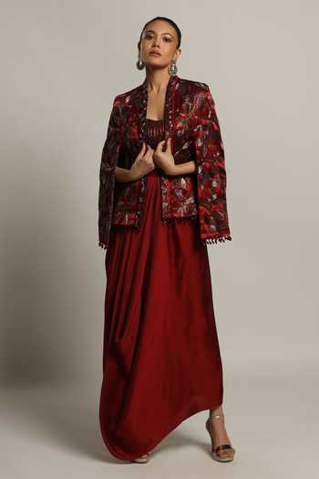 Buy Maroon Gajji Silk And German Satin Floral Jacket & Dhoti Skirt Set ...