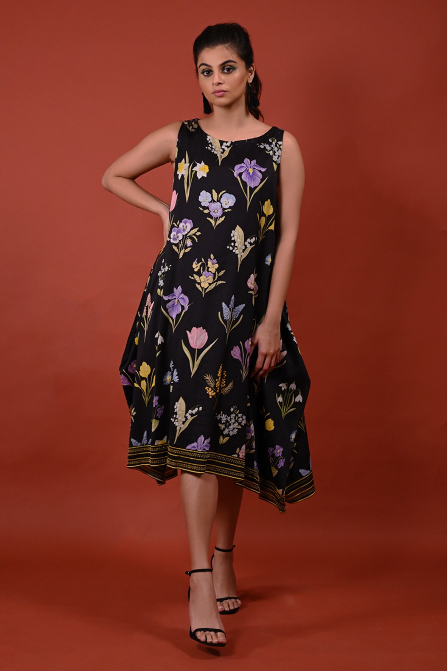 Buy Black Chanderi Printed Flower Assorted Floral Asymmetric Dress For ...