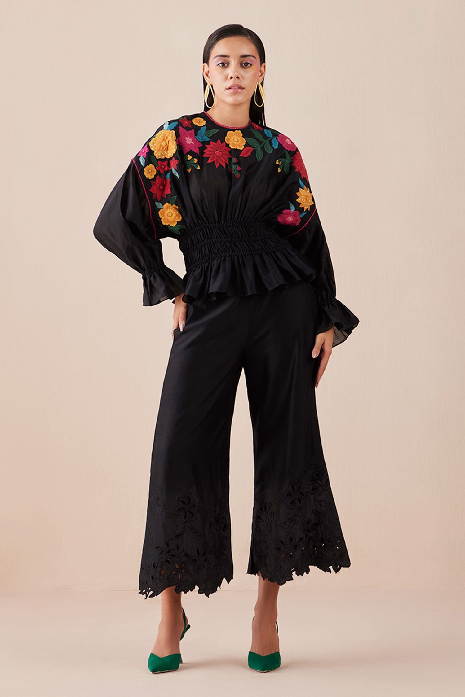 Buy Black Chanderi Lace Floral Flower Pattern Culottes For Women by ...