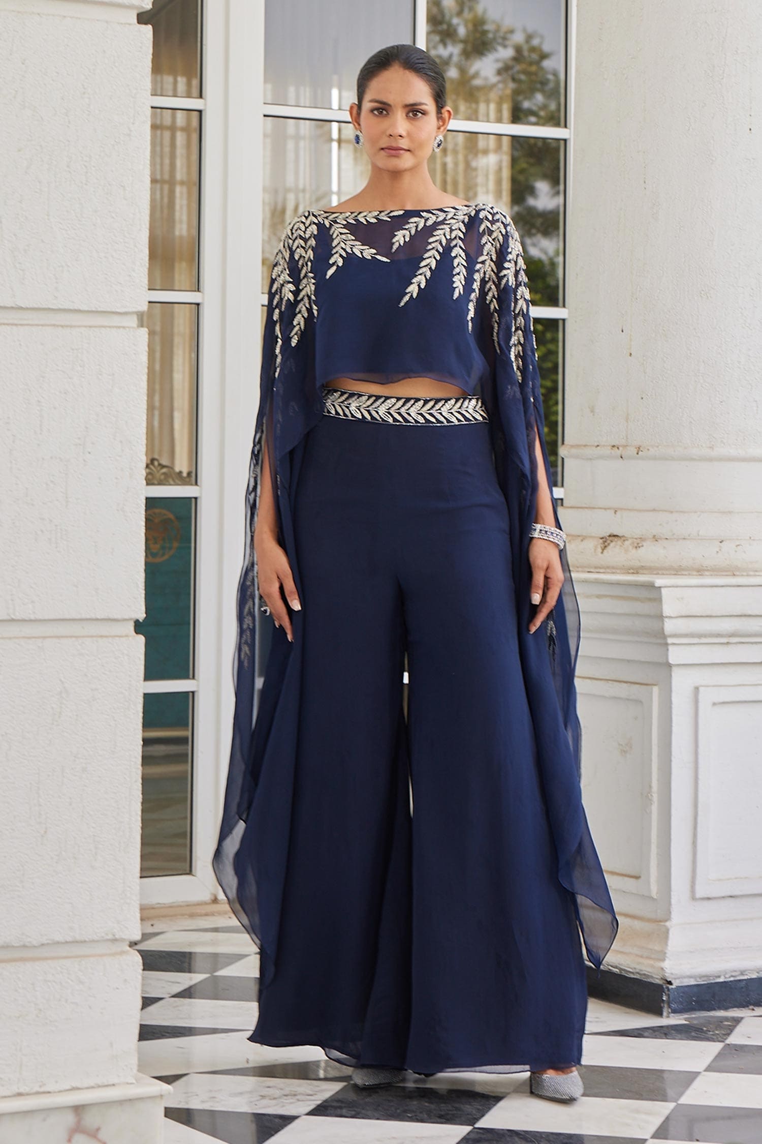 Buy Blue Bustier Silk Safwana Leaf Pattern Poncho And Palazzo Set For ...