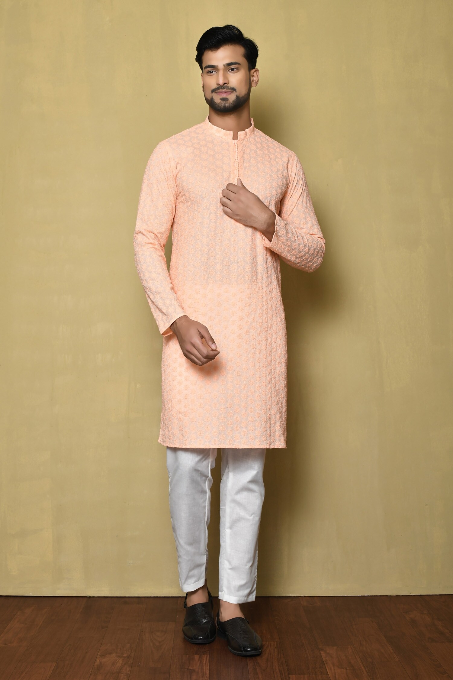 Buy Naintara Bajaj Peach Full Sleeve Chikankari Embroidered Kurta With Pant Online | Aza Fashions