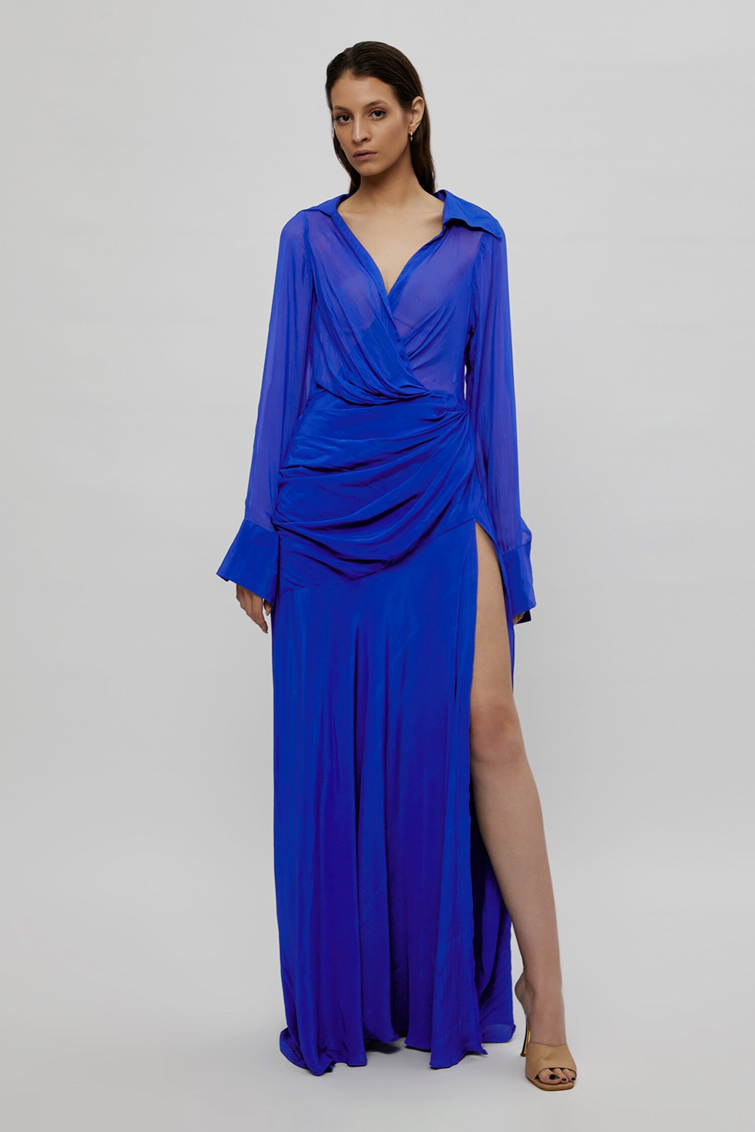 Buy Blue Chiffon Spread Collar Front Slit Gown For Women by Deme by ...