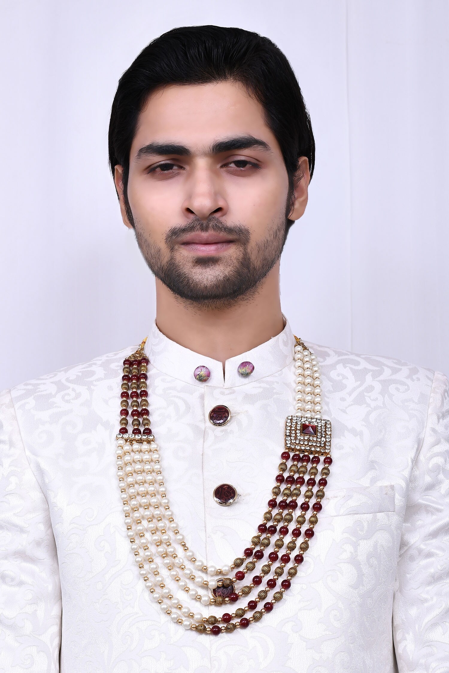 Buy Cream Bead And Stone Dual Multi-layered Mala For Men by Aryavir ...