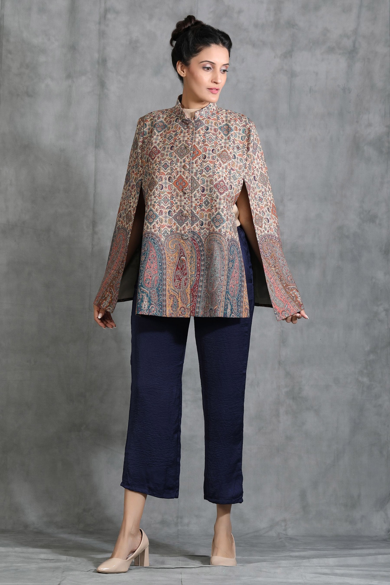 Buy Beige Pashmina Hand Woven Thread Collar Jacket For Women by DUSALA ...