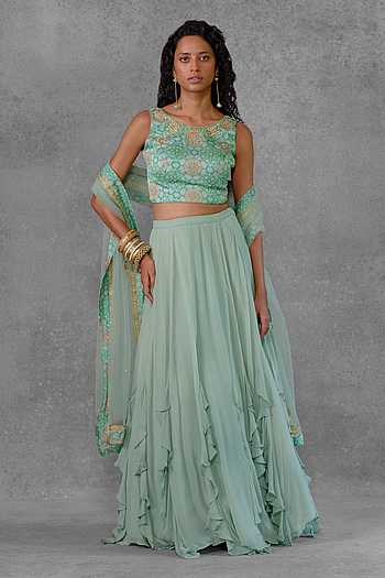Buy Riraan Couture Green Cotton Satin Ruffle Lehenga Set Online | Aza ...
