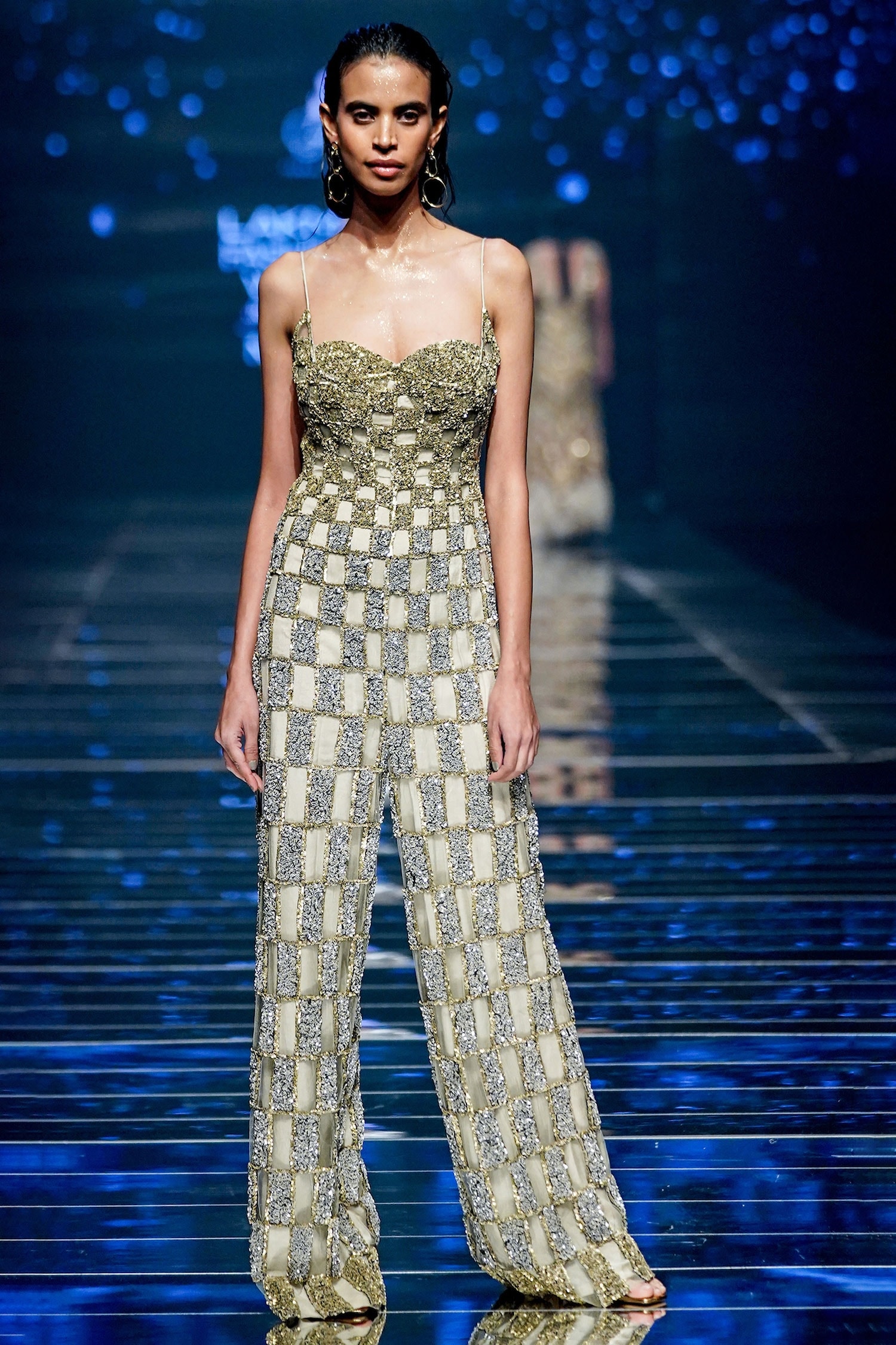 Buy Green Nylon Embroidery Sequin Sweetheart Eberta Checkered Jumpsuit ...