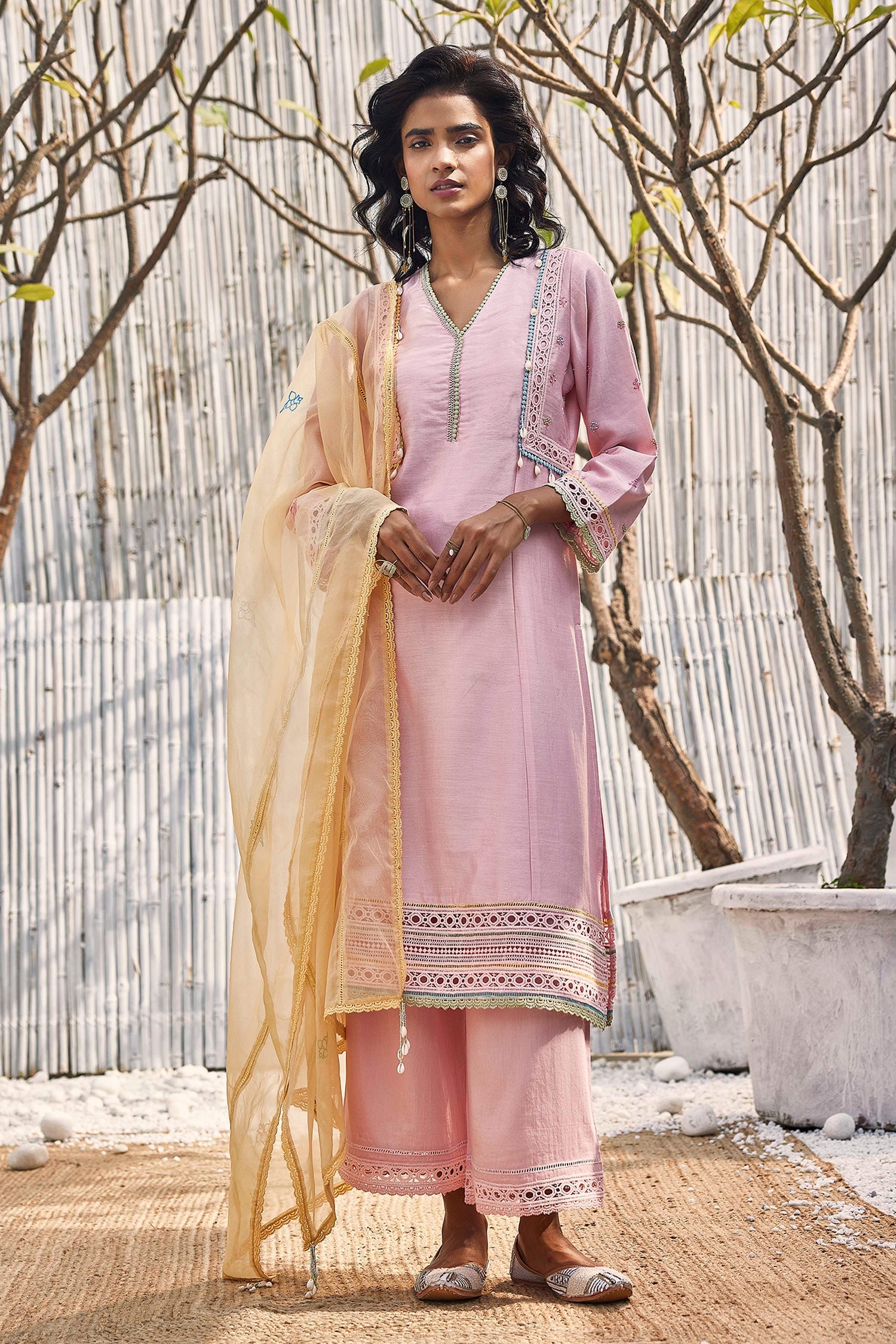 Buy Pink Kurta Chanderi Hand Embroidered And Embellished Thread V Neck ...