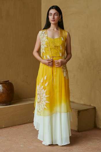 Buy Studio Radical Yellow Star Applique Jacket Pant Set Online | Aza ...