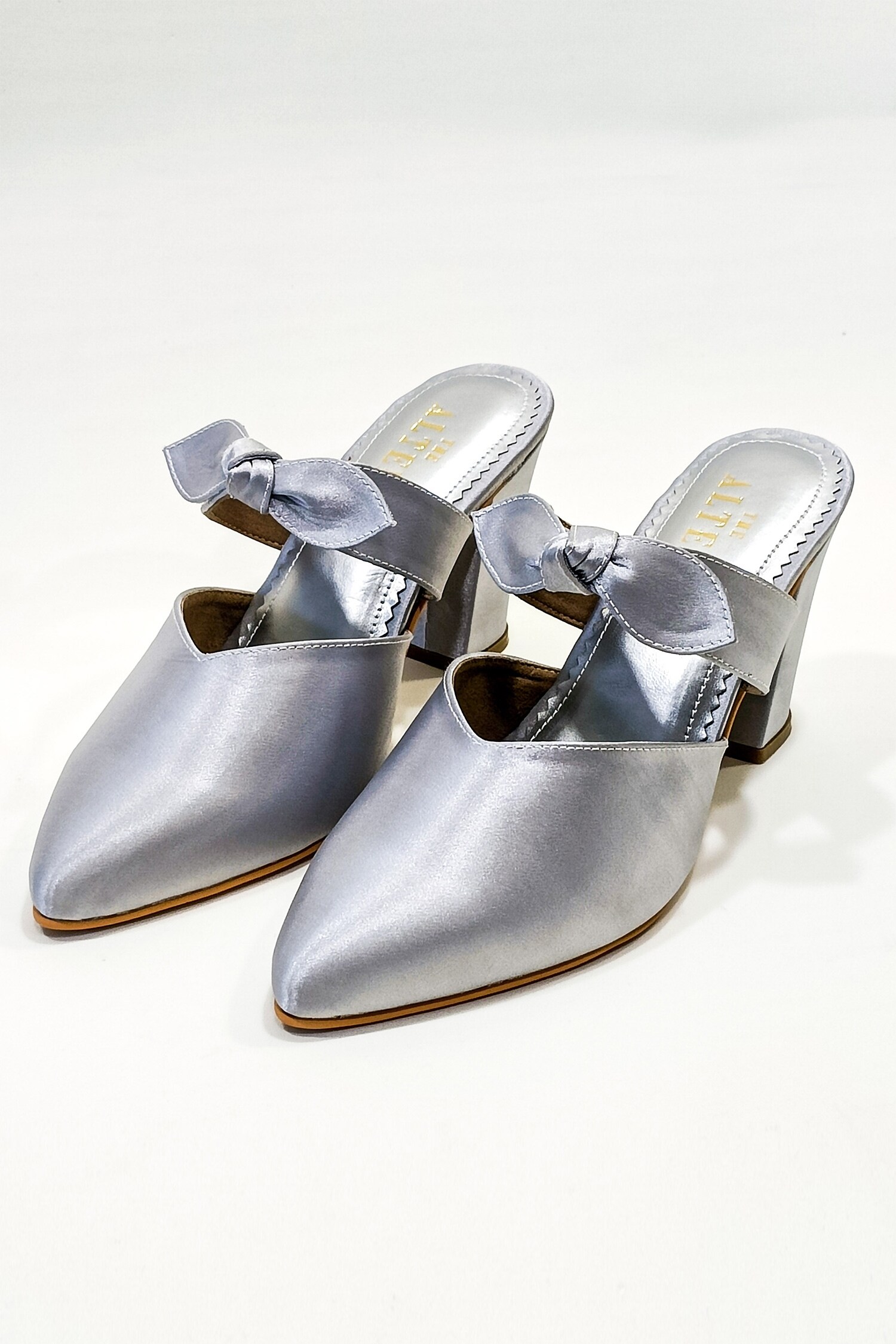 Buy Silver Metallic Satin Beverly Bow Block Heels by THE ALTER Online ...