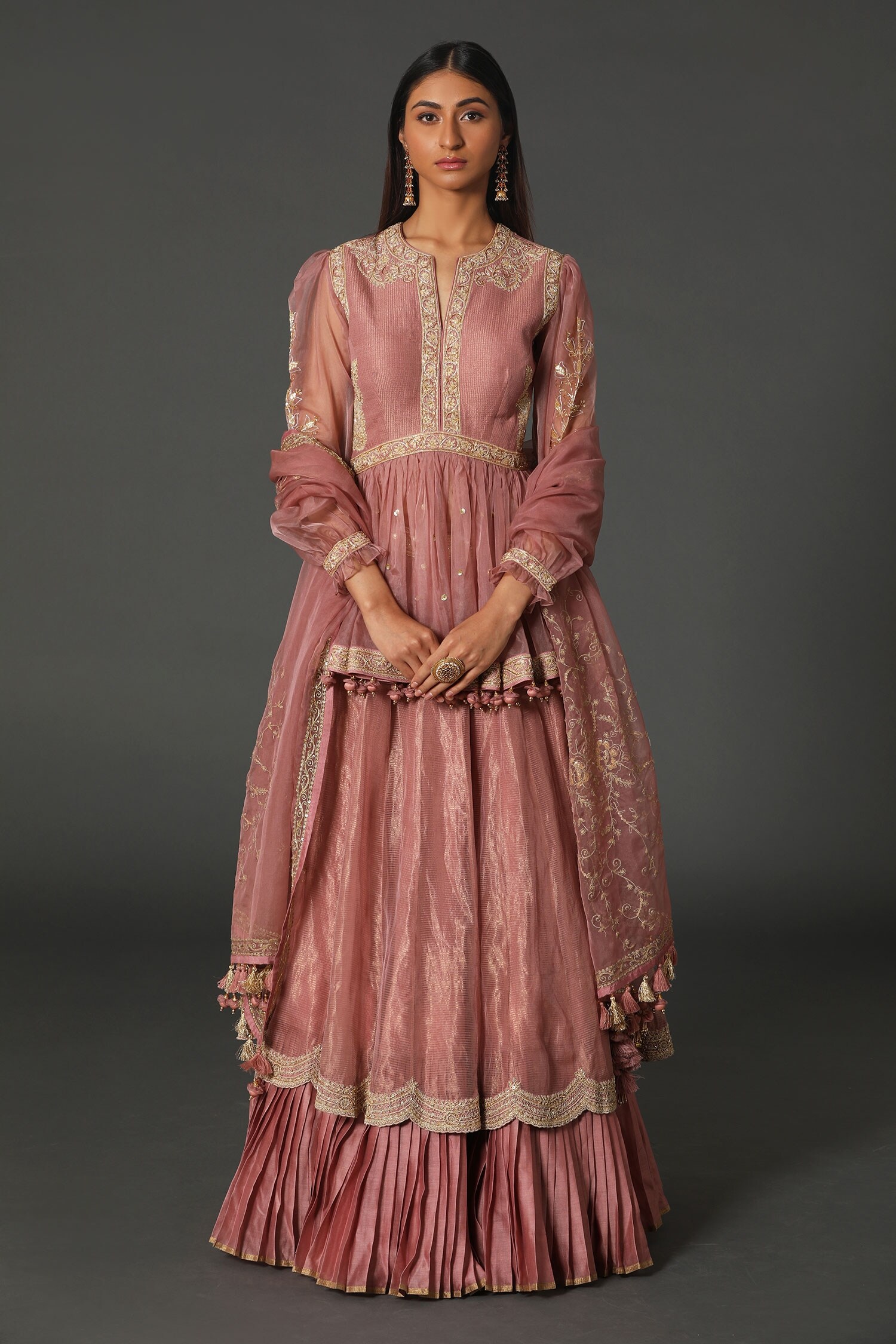 Buy Pink Chanderi Handloom (50%silk X 50%cotton) Hand Peplum Lehenga ...