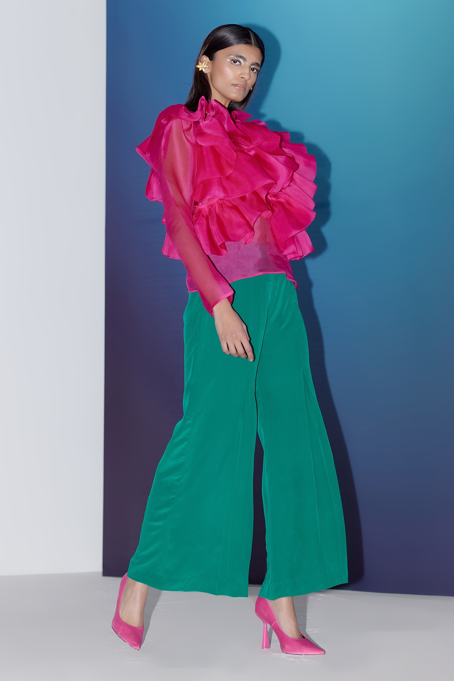 Buy Pink Silk Organza Plain Round Neck Layered Ruffle Top For Women by ...