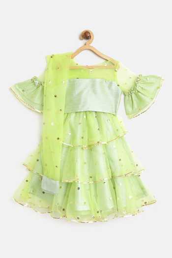 Buy Saka Designs Green Sequin Embellished Layered Lehenga Set For Girls ...