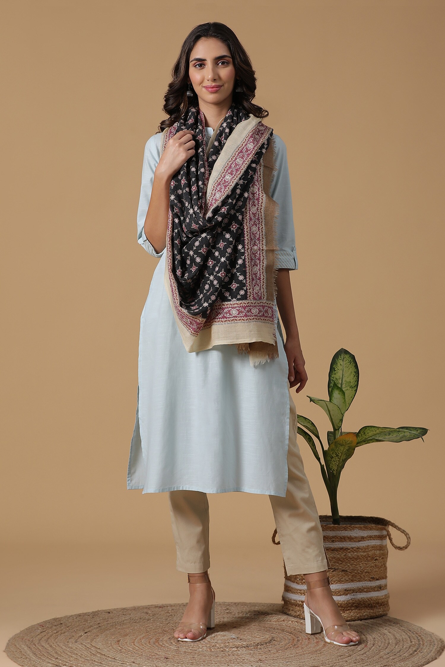 Buy Black Woven Pure Wool Floral Embroidered Jaali Shawl by SHINGORA ...