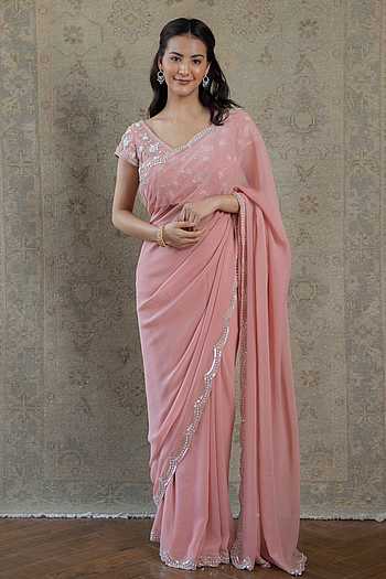 Buy Peach Georgette Embroidery Thread V Scallop Bordered Saree With ...