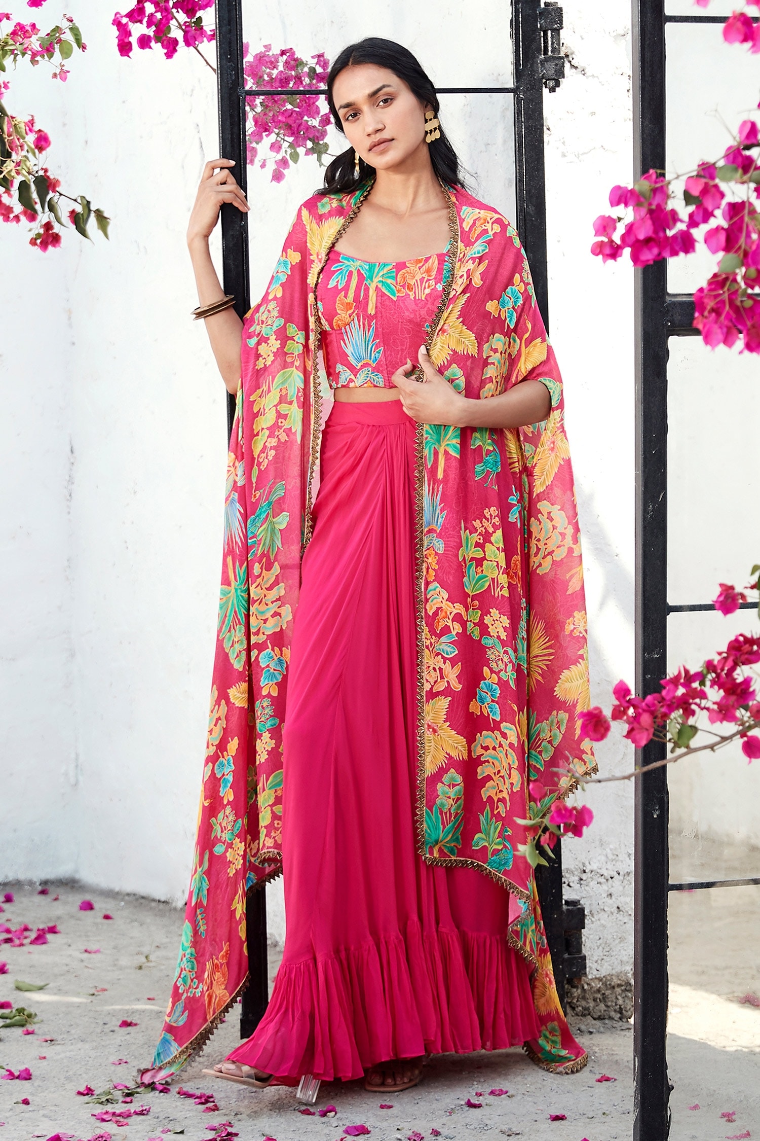 Buy Pink Cape Chinon Print Tropical Floral Scoop Neck And Skirt Set For ...