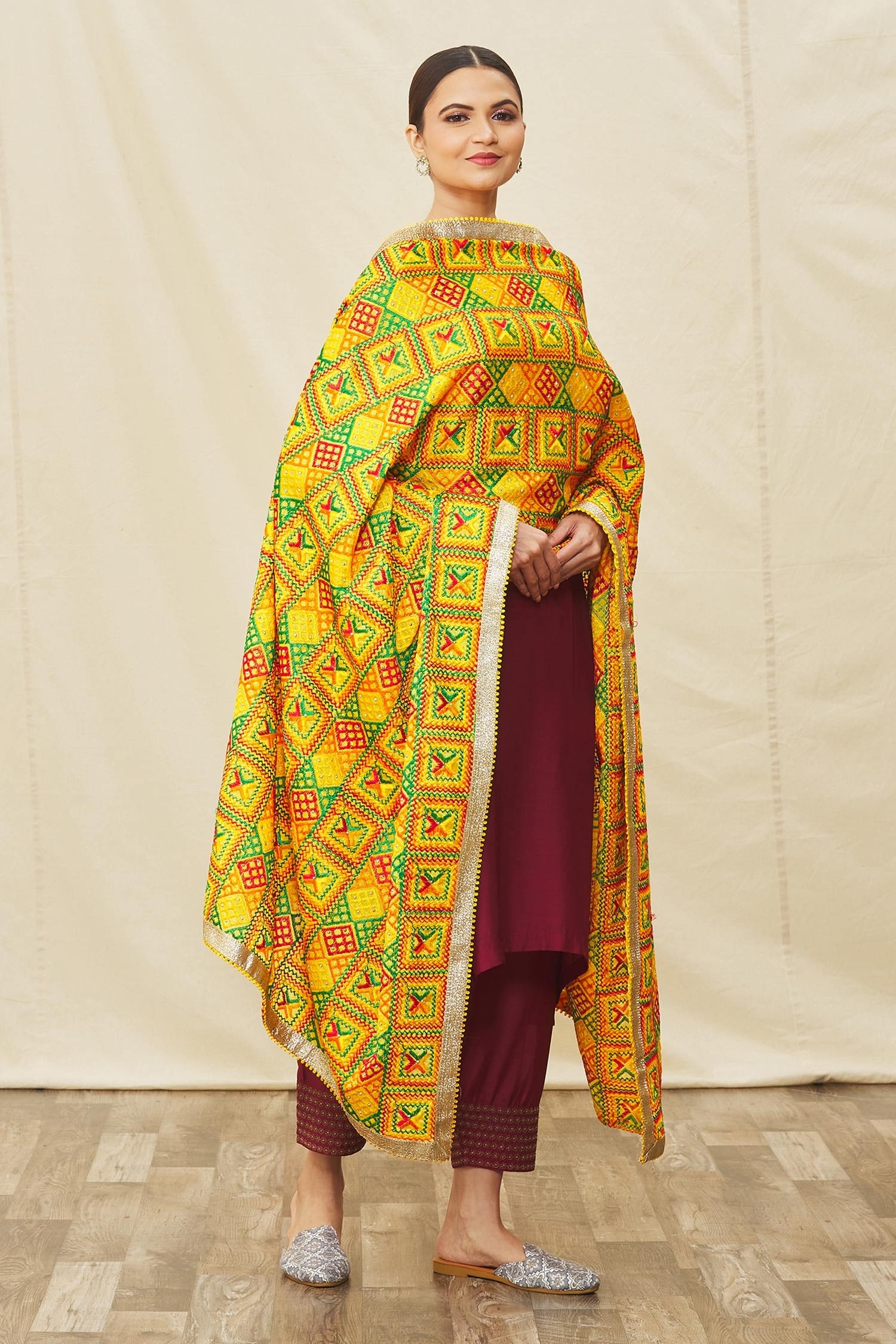 Buy Multi Color Cotton Silk Embroidered Phulkari Geometric Work Dupatta ...