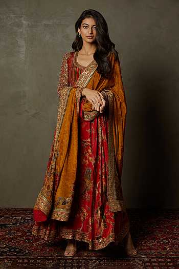 Buy Red Anarkali - Rayon Crepe Printed Romantic Flower Set For Women by ...