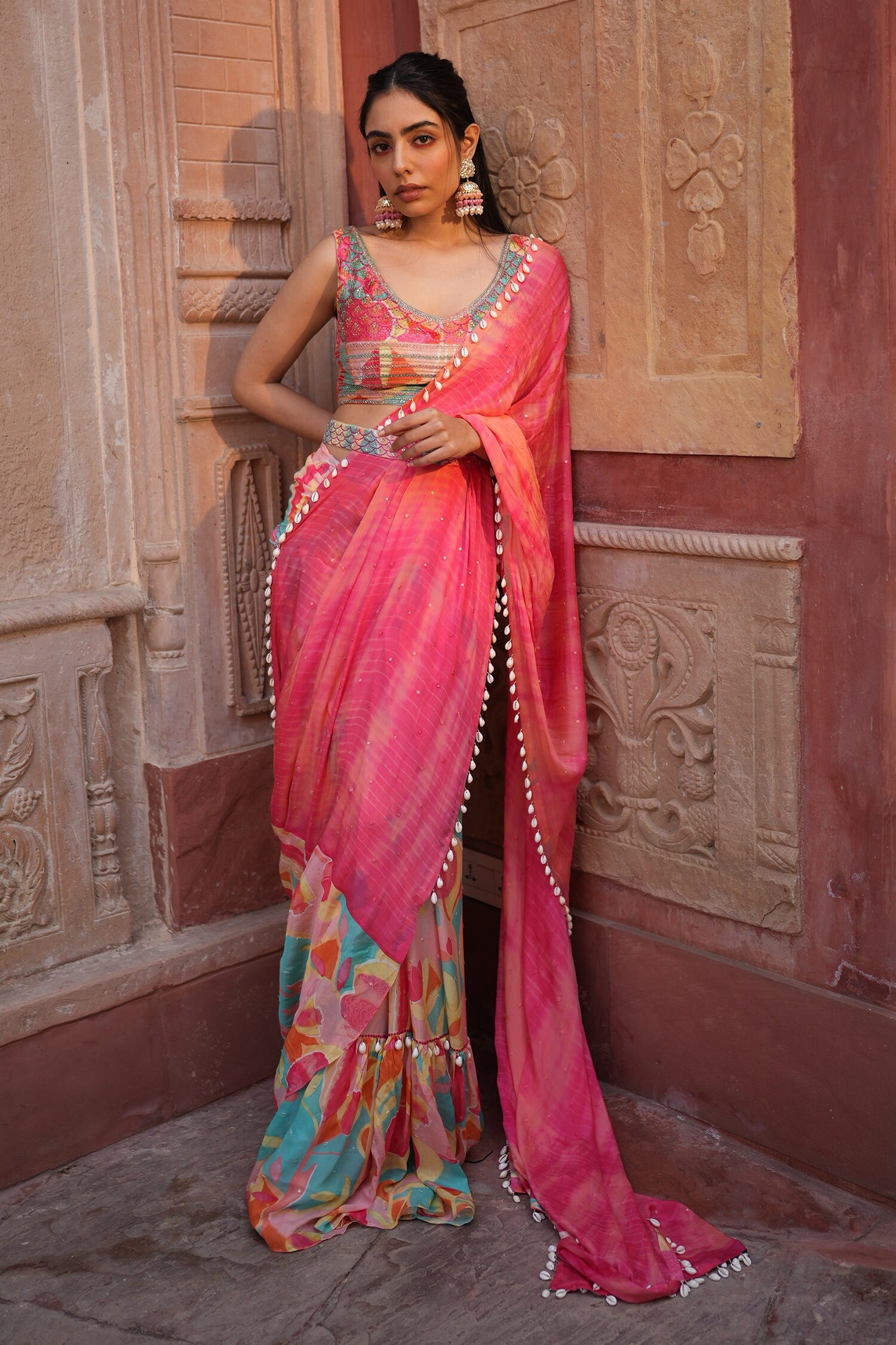 Buy Ruhr India Multi Color Chinon Chiffon Printed Saree With Blouse Online | Aza Fashions