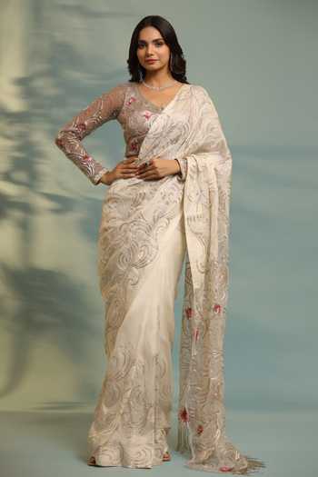 Buy Ivory Saree Summer Silk Embroidered Sequin And Kasab Work With ...