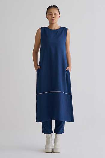 Buy Three Blue Melange Side High Slit Tunic And Pant Set Online | Aza ...