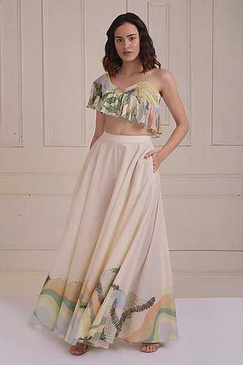 Buy Ivory Organic Cotton Printed Placement One Shoulder Lehenga Set For ...