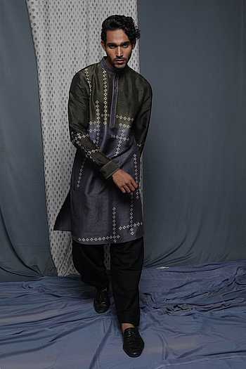 Buy Green Tussar Printed Geometric Ombre Full Sleeve Kurta For Men by ...