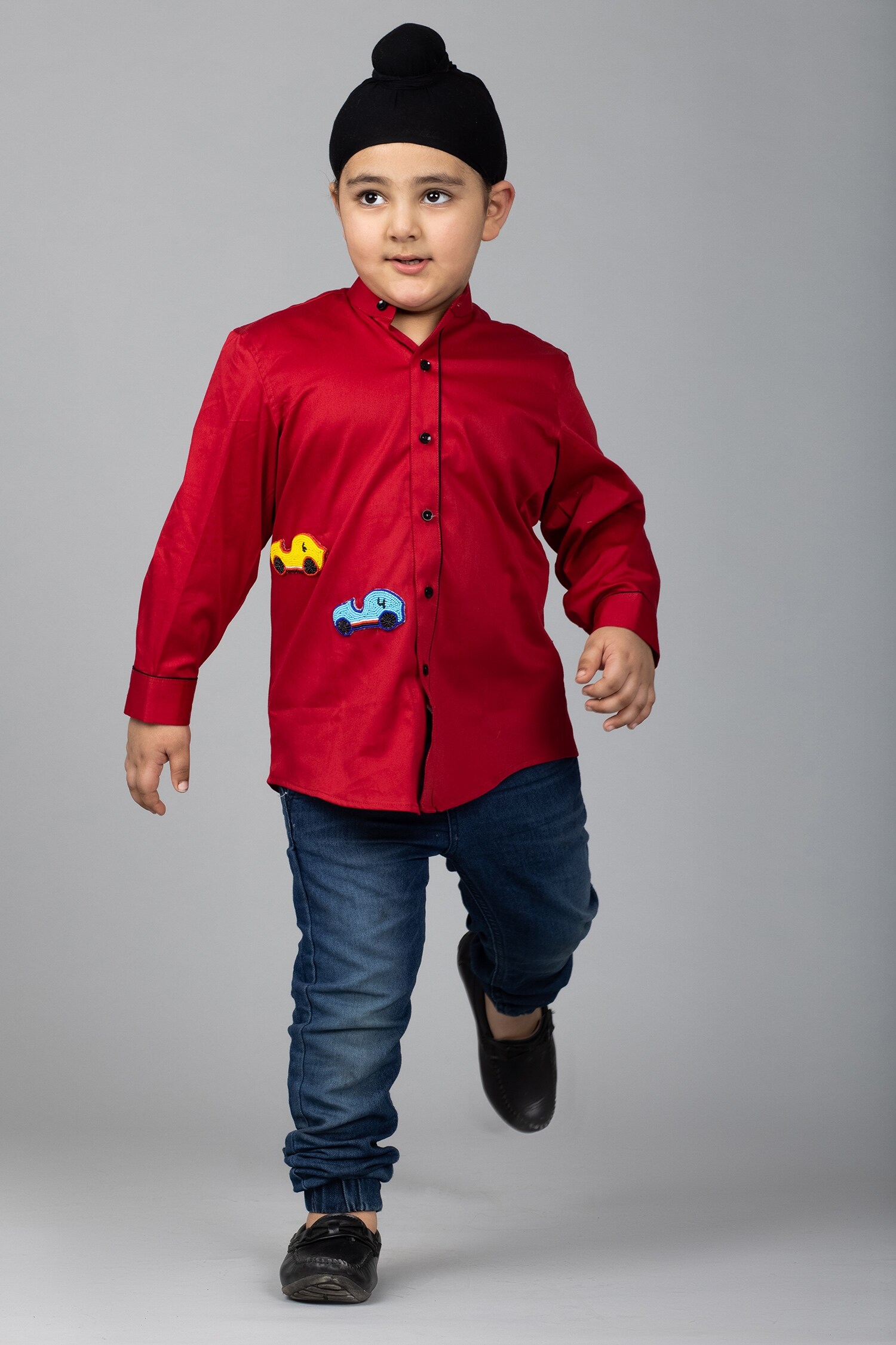 Buy Red Cotton Satin Embroidered Motif Shirt For Boys by Darleen Kids ...