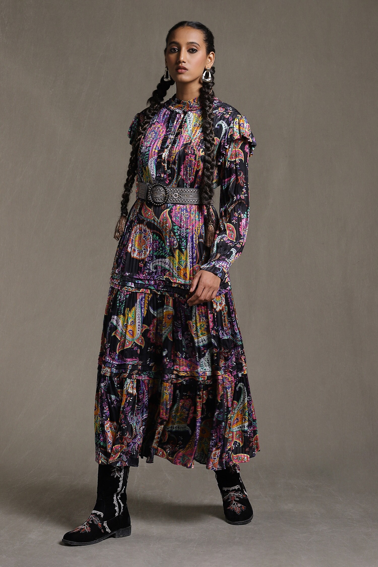 Buy Ritu Kumar Black Satin Stripe Paisley Print Dress Online | Aza Fashions