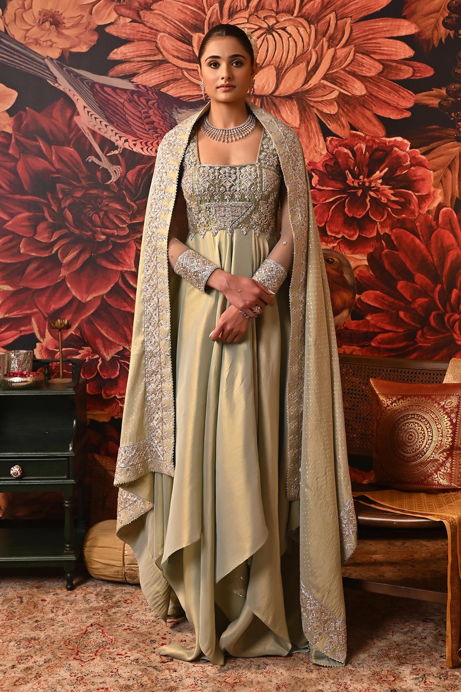 Buy Moledro Green Ezra Embroidered Yoke Anarkali With Printed Dupatta ...