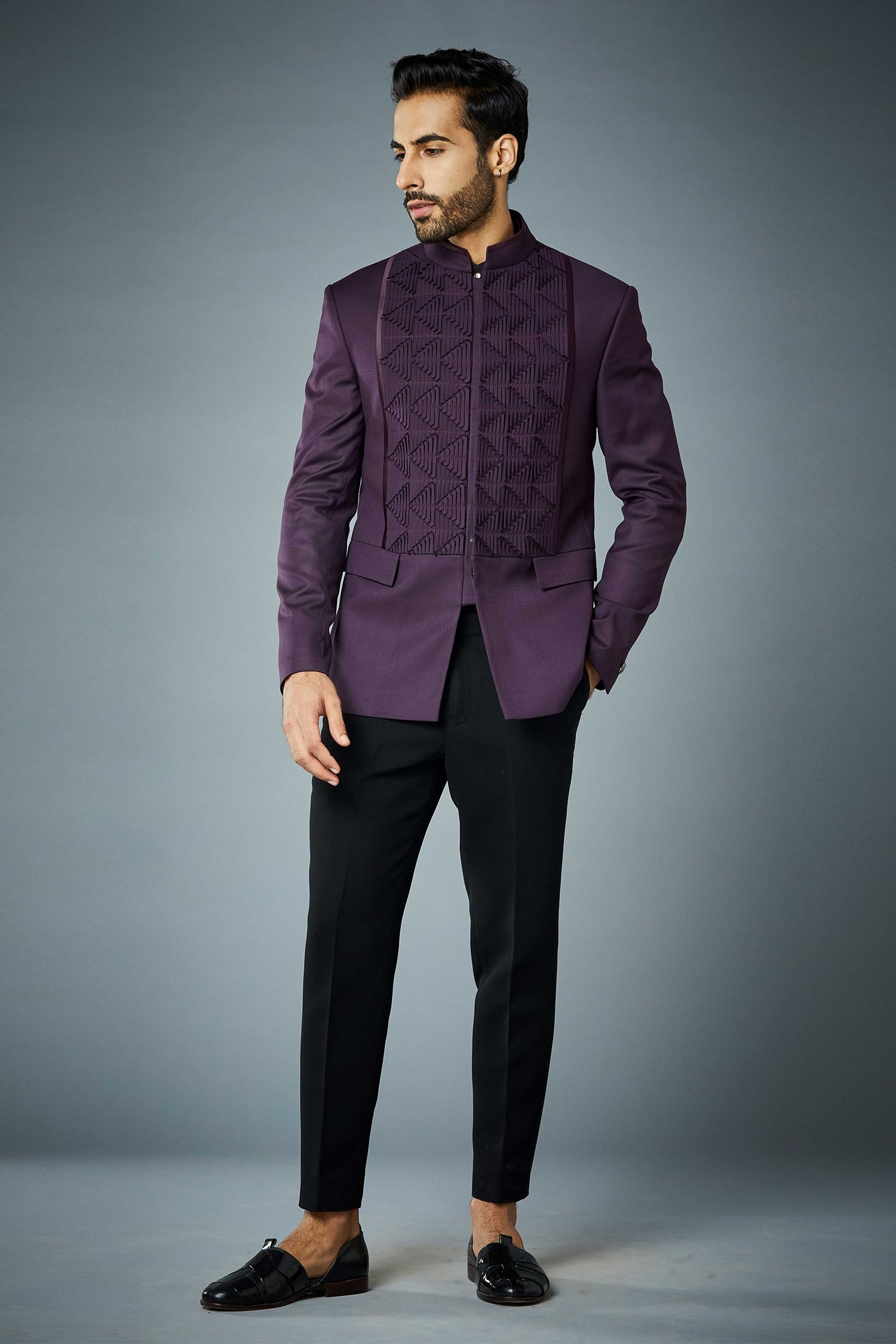 Buy Purple Bandhgala: Wool And Pant : Pintuck Detail Set For Men by ...