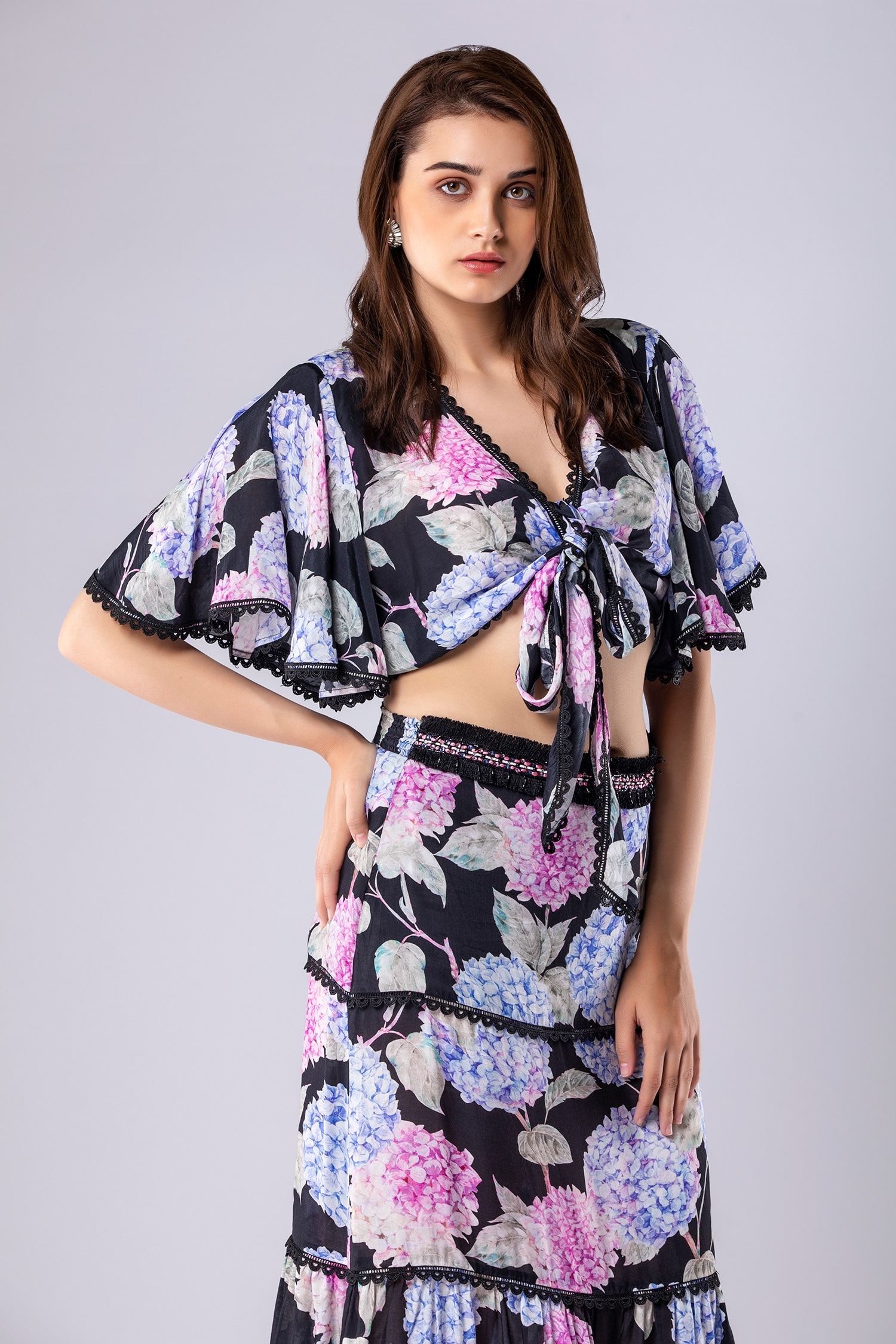 Buy Black 100% Rayon Modal Printed Floral V Neck Wrap Around Crop Top ...