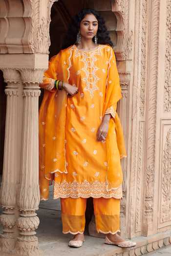 Buy Pink City Orange Silk Chanderi Crystal Moti Embroidered Kurta Pant ...