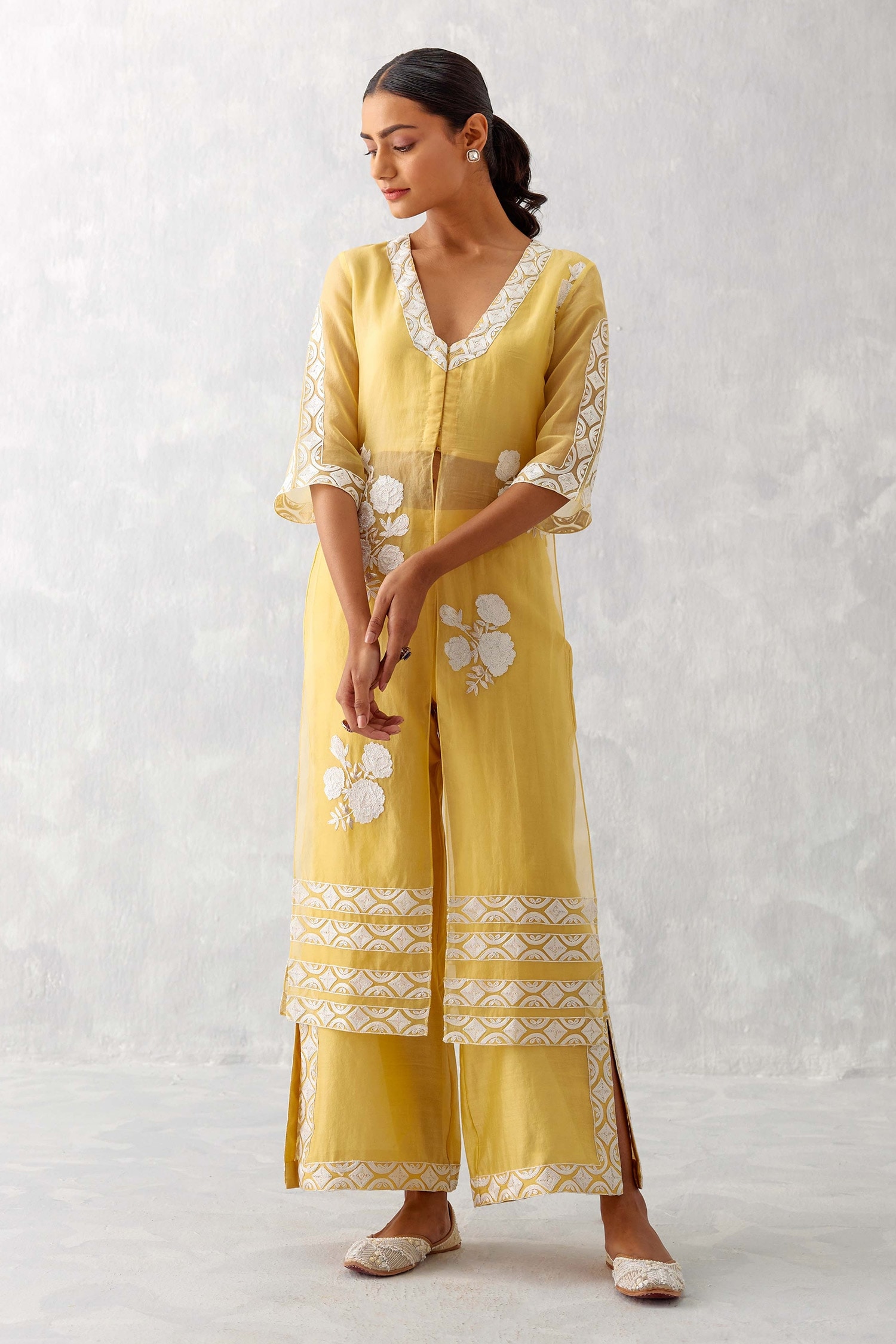 Buy Yellow Silk Organza Embroidered Floral Slit Kurta And Palazzo Set ...