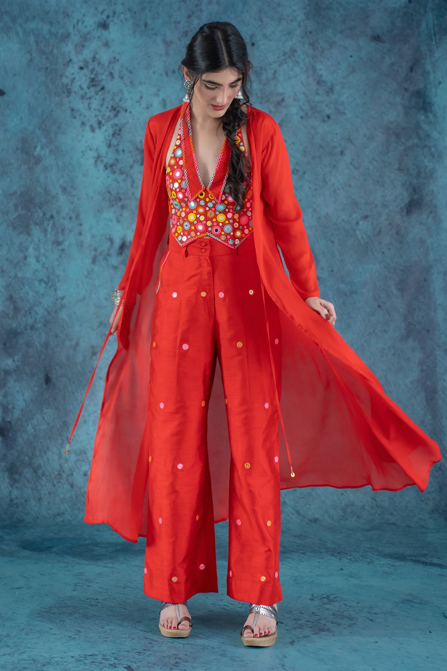 Buy Red Dupion Art Silk Embroidery Mirror And Thread Crop Top Cape Set ...